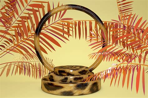 열대 파스텔 옐로우 배경에 3d 표범 프린트 받침대 연단 이국적인 오렌지 야자 수 잎 그림자 0명에 대한 스톡 사진 및 기타 이미지 Istock