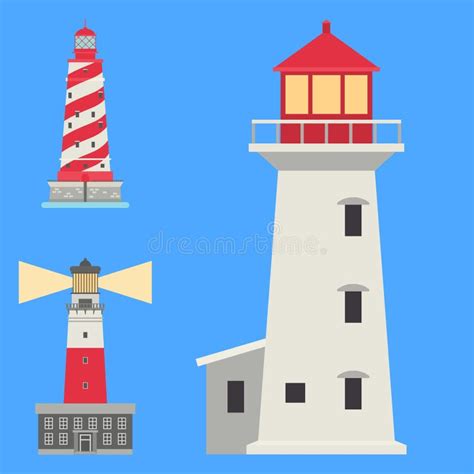 Lighthouses Vector Flat Searchlight Towers For Maritime Navigation Guidance Ocean Beacon Light