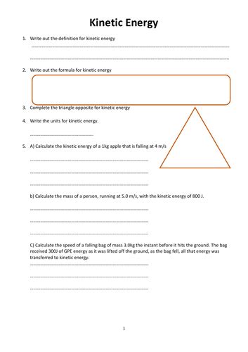 Ks4 Gcse Physics Kinetic Energy Ke Formula Worksheet With Questions And Answers Teaching