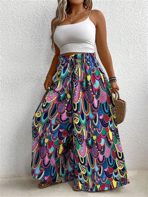 Shein Lune Plus Size Full Print Elastic Waisted Tie Super Wide Leg