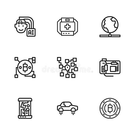 Set Line Fantastic Flying Car Motherboard Cryptocurrency Coin Bitcoin Neural Network Global