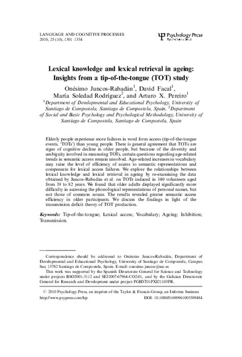 Pdf Lexical Knowledge And Lexical Retrieval In Ageing Insights From A Tip Of The Tongue Tot