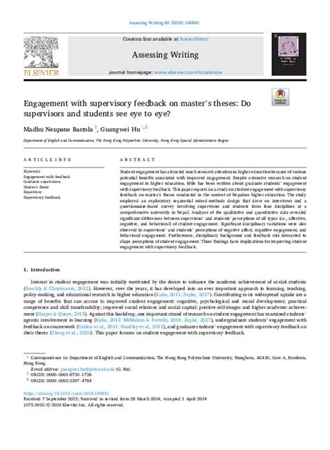 Pdf Neupane Bastola M And Hu G 2024 Engagement With Supervisory Feedback On Masters