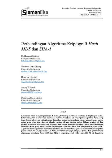 Pdf Perbandingan Algoritma Kriptografi Hash Md5 Dan Sha 1