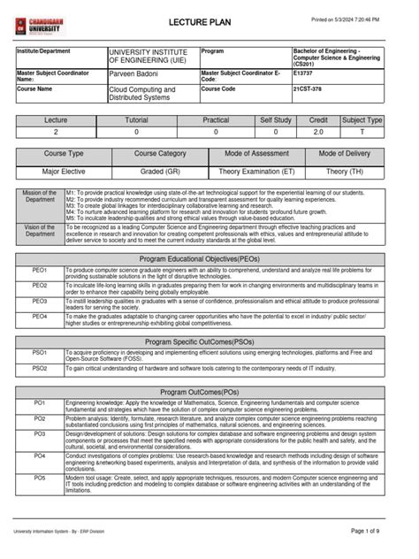Lectureplan Cs201 21cst 378 Pdf Cloud Computing Engineering