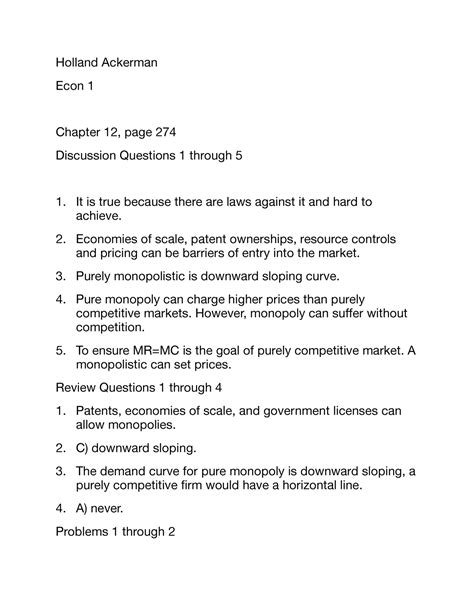 Econ 5 Hw Homework Based On Chapter Review Holland Ackerman Econ 1 Chapter 12 Page 274