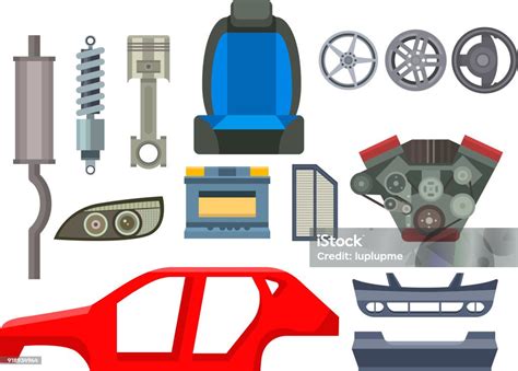 자동차 벡터 부품 자동 수리 서비스 차량 정비사 수리 기계 및 장비 Motocar 일러스트 레이 션의 개념에 대한 스톡 벡터