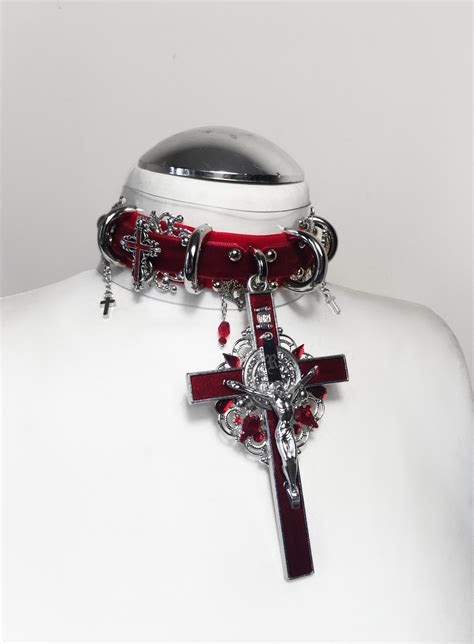 Raspberry Mazohyst ~ Holy Black Mass Choker Red X Silver By Indie Brand