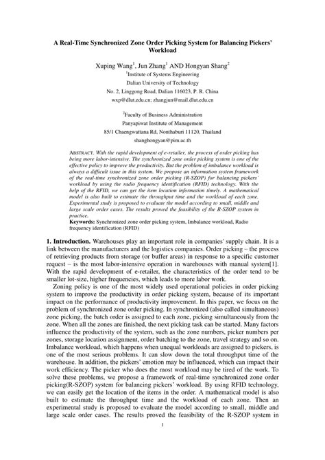 Pdf A Real Time Synchronized Zone Order Picking System For Balancing Pickers Workload