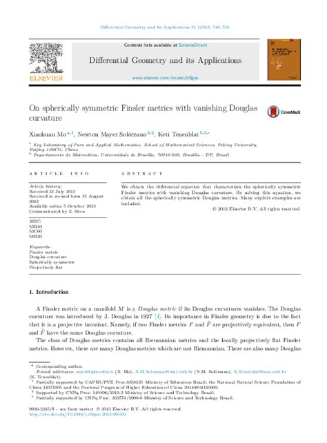 Pdf On Spherically Symmetric Finsler Metrics With Vanishing Douglas Curvature