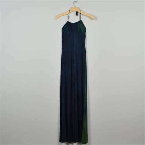 1970s Green Blue Halter Style Maxi Dress Gem