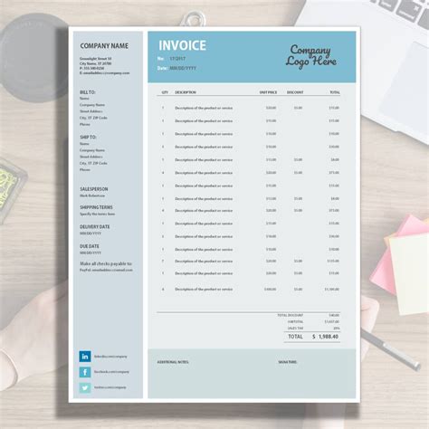 Factuur Sjabloon Excel Factuur Factuur Design Werkblad Met Sociale Media Contact Met