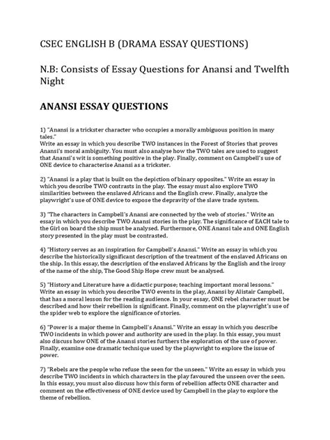 Csec English B Drama Essay Questions Pdf Twelfth Night