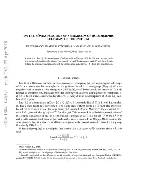 Pdf On The Koenigs Function Of Semigroups Of Holomorphic Self Maps Of The Unit Disc