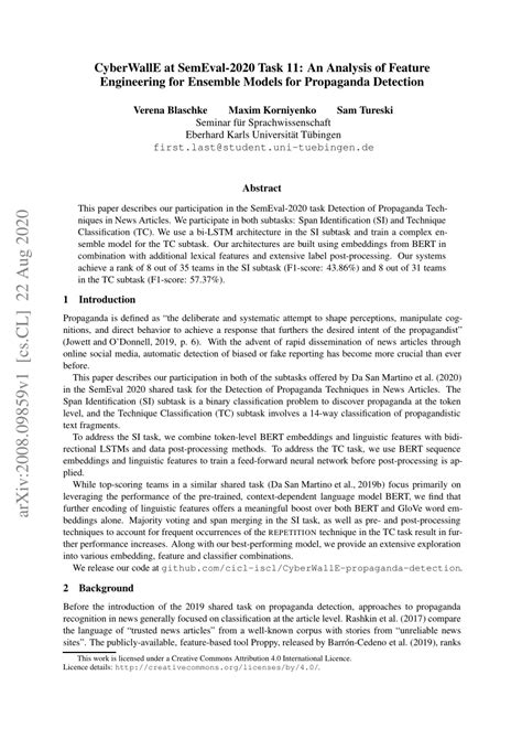 Pdf Cyberwalle At Semeval 2020 Task 11 An Analysis Of Feature Engineering For Ensemble Models