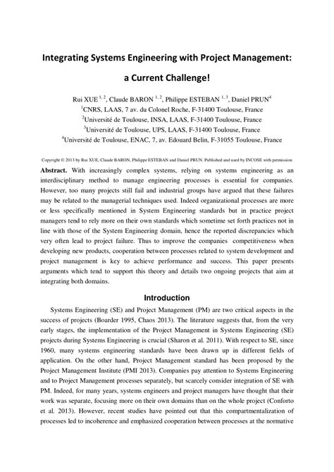 Pdf Integrating Systems Engineering With Project Management A