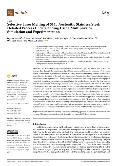 Selective Laser Melting Of 316l Austenitic Stainless Steel Detailed