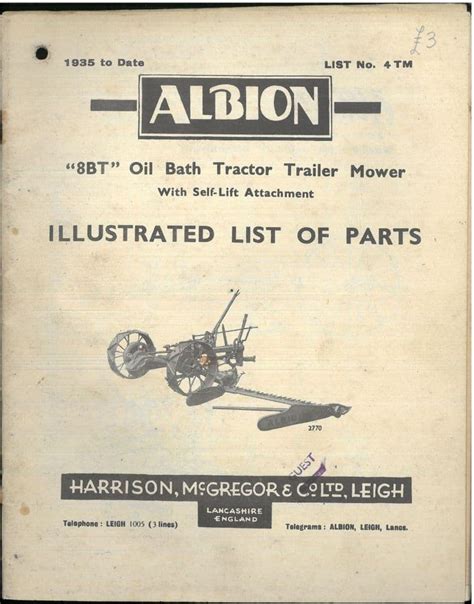 Albion 8bt Oil Bath Tractor Trailer Mower Parts Manual