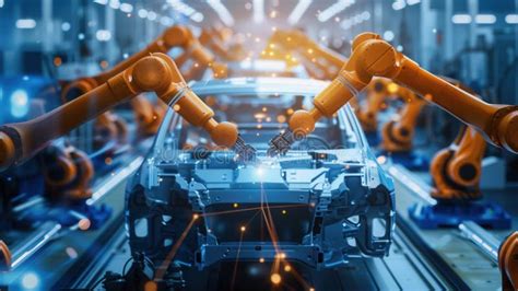 Robotic Arms Efficiently Carry Out Precise Assembly Tasks On A Car Assembly Line In A High Tech