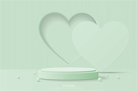 녹색 3d 실린더 연단 받침대는 하트 모양 창과 덮개 배경 구체 공으로 현실적입니다 판촉을 위한 발렌타인 데이 장면과 제품 광고 3d 벡터 기하학적 플랫폼 설계 3차원