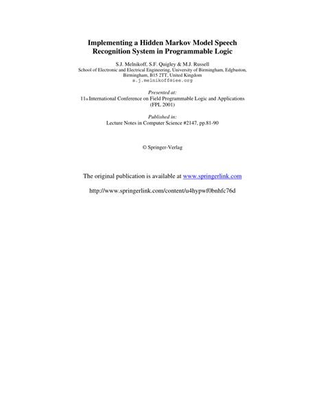 Pdf Implementing A Hidden Markov Model Speech Recognition System In Programmable Logic