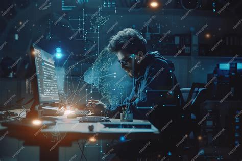 premium photo man programmer or hacker using computer in dark room