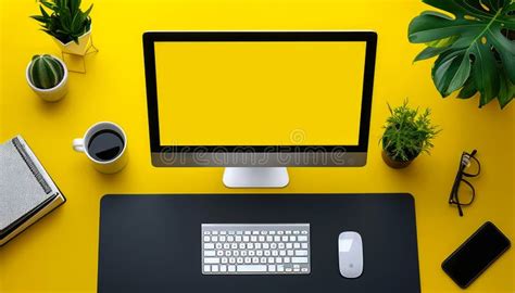 Modern Workspace With Computer Monitor Keyboard Mouse Coffee Cup And Green Plant On Vibrant