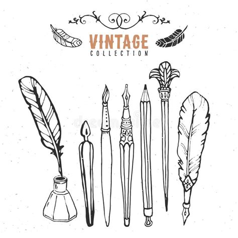 Vintage Retro Old Nib Pen Brush Ink Collection Stock Vector Illustration Of Element