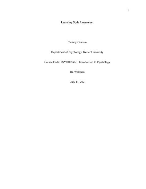 Week 1 Learning Style Assignment Post Learning Style Assessment Tammy Graham Department Of