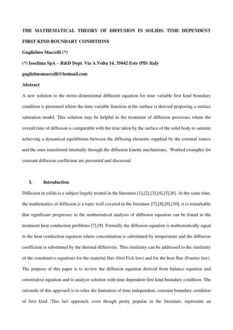 Pdf The Mathematical Theory Of Diffusion In Solids Time Dependent First Kind Boundary Conditions