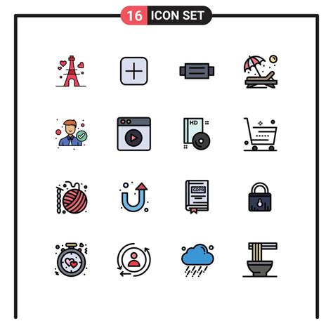 Set Of 16 Vector Flat Color Filled Lines On Grid For Accept Sun Accessories Person Beach