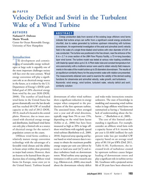 Pdf Velocity Deficit And Swirl In The Turbulent Wake Of A Wind Turbine