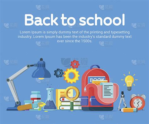 回到学校的旗帜在平坦的风格新学年开始红色书包台灯等学校用品蓝色背景上的孤立物体