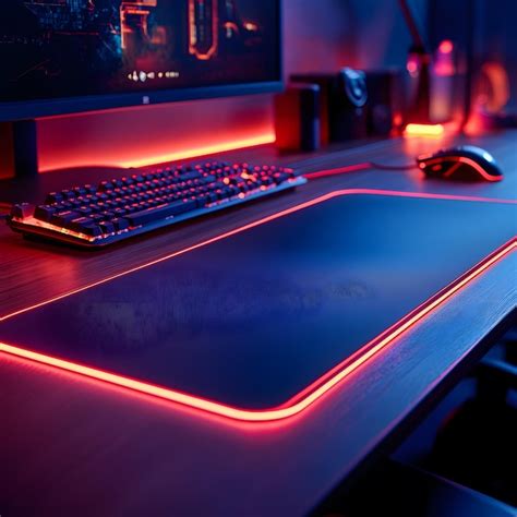 Futuristic Gaming Desk With Rgb Lighting And Keyboard Setup Premium Ai Generated Image