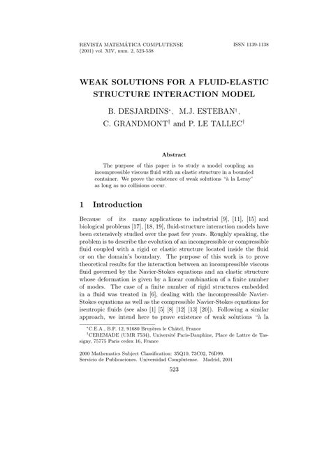 Pdf Weak Solutions For A Fluid Elastic Structure Interaction Model