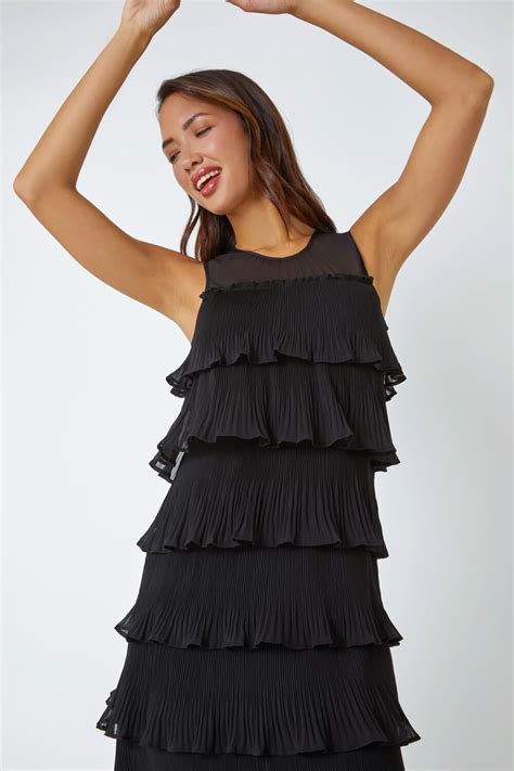 Black Sleeveless Pleated Tiered Chiffon Dress Roman Uk