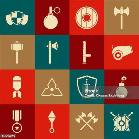 교차 검 폭발 준비가 된 폭탄 대포 둥근 나무 중세 도끼 전투 망치 방패 및 경찰 고무 지휘봉 아이콘으로 나무 방패를 설정합니다 벡터 아이콘에 대한 스톡 벡터 아트 및 기타