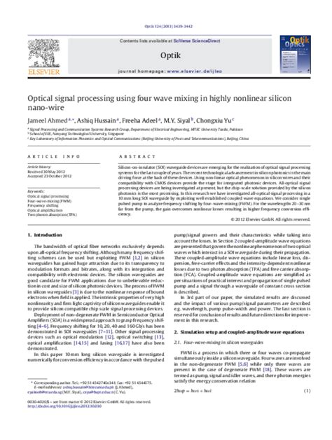 Pdf Optical Signal Processing Using Four Wave Mixing In Highly Nonlinear Silicon Nano Wire