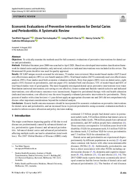 Pdf Economic Evaluations Of Preventive Interventions For Dental Caries And Periodontitis A