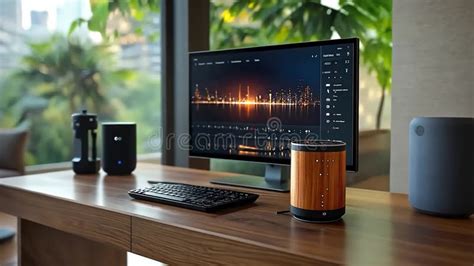 Modern Workspace Featuring Technology And Urban Skyline View During