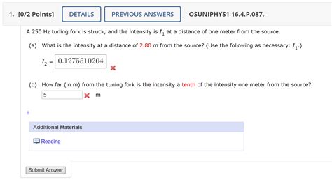 Solved A 250 Hz Tuning Fork Is Struck And The Intensity Is Chegg Com