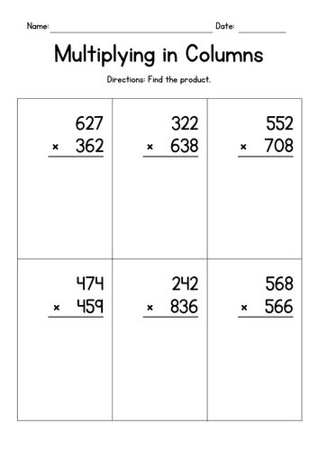 Multiplying In Columns 3 Digit By 3 Digit Numbers Teaching Resources