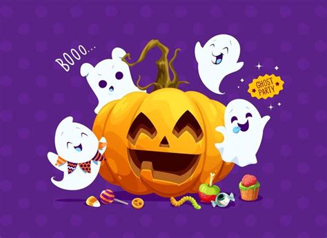Premium Vector Halloween Funny Kawaii Ghosts And Holiday Pumpkin With