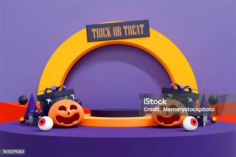 할로윈 배경 빨간색과 보라색 플랫폼이있는 무대의 다채로운 연단 제품을 보여주는 단계 받침대 현대 3d 스튜디오의 무대 0명에 대한 스톡 사진 및 기타 이미지 Istock