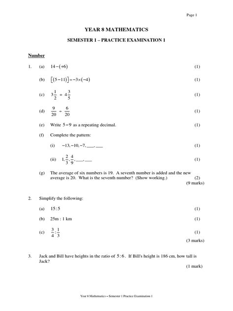 Yr 8 Ma Sem 1 Practice Exam 1 Pdf Speed Mathematics