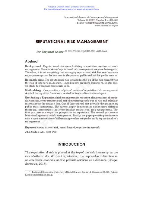 Pdf Reputational Risk Management