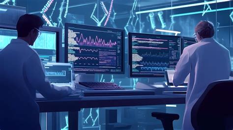 Two Scientists Working On Computer Screens With Glowing Data In A Hightech Laboratory Premium