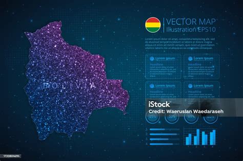 볼리비아 지도 인포그래픽 템플릿은 다이어그램 그래프 프리젠테이션 및 차트에 파란색 배경에 추상적인 기하학적 메쉬 다각형 조명 개념이 있습니다 볼리비아에 대한 스톡 벡터 아트