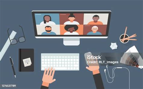 화상 통화를 위해 컴퓨터를 사용하여 책상에서 사람의 평평한 벡터 그림 컴퓨터 마우스에 대한 스톡 벡터 아트 및 기타 이미지