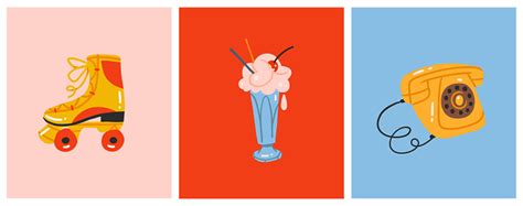 여름 복고풍 만화 8090 향수 요소 세트 손으로 그린 복고풍 아이콘 컬렉션 세트 복고풍 전화 롤러 스케이트 아이스크림 및 빈티지 기호 1990 년대 1980 년대 현대